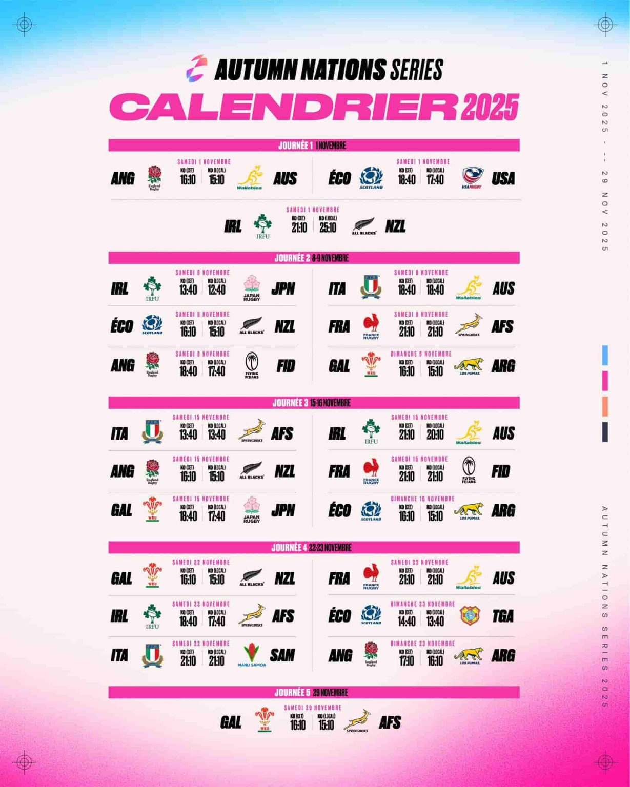 Le calendrier des 22 matchs de la Tournée d'Automne 2025